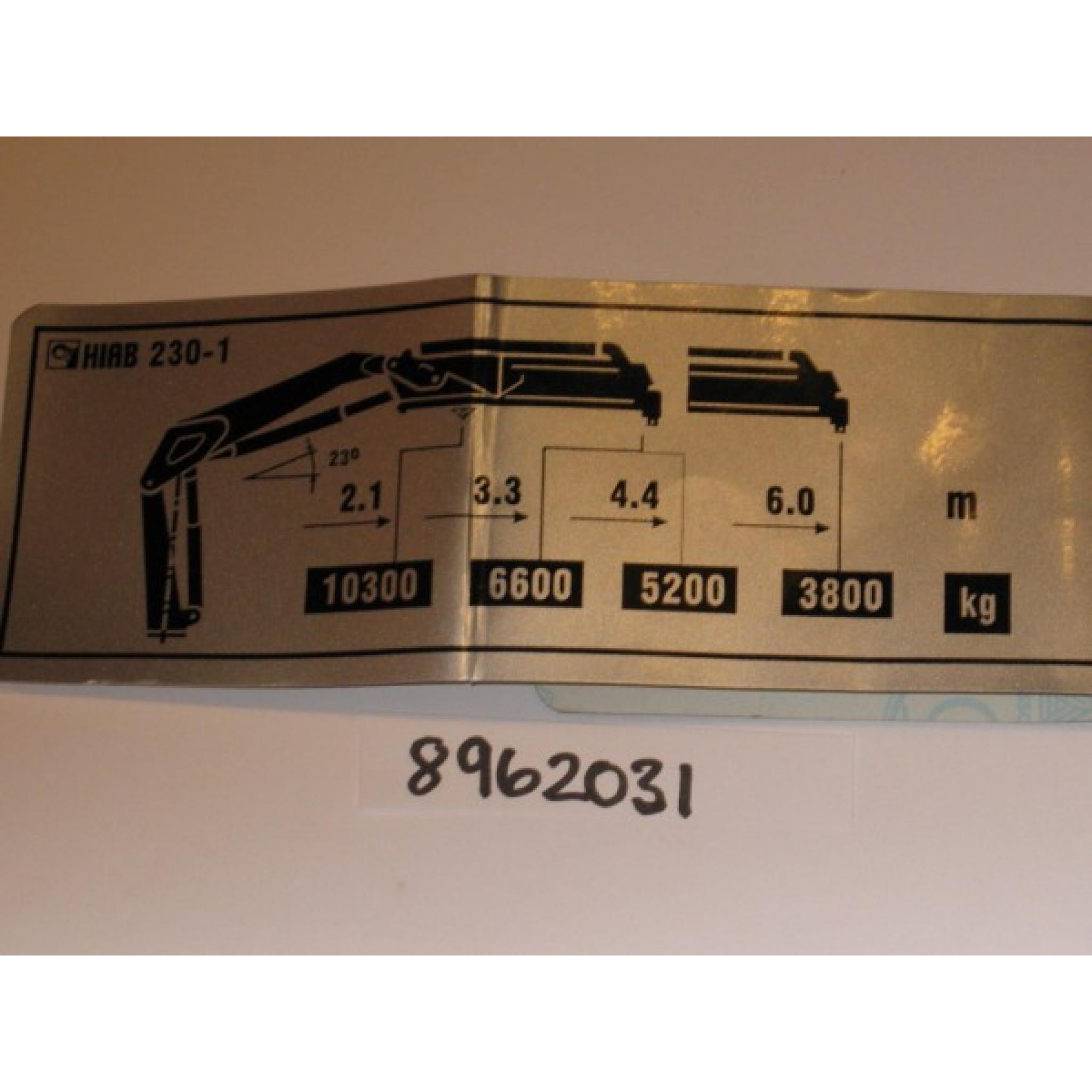 H896 2031 Hiab 230-1 Load Capacity Plate
